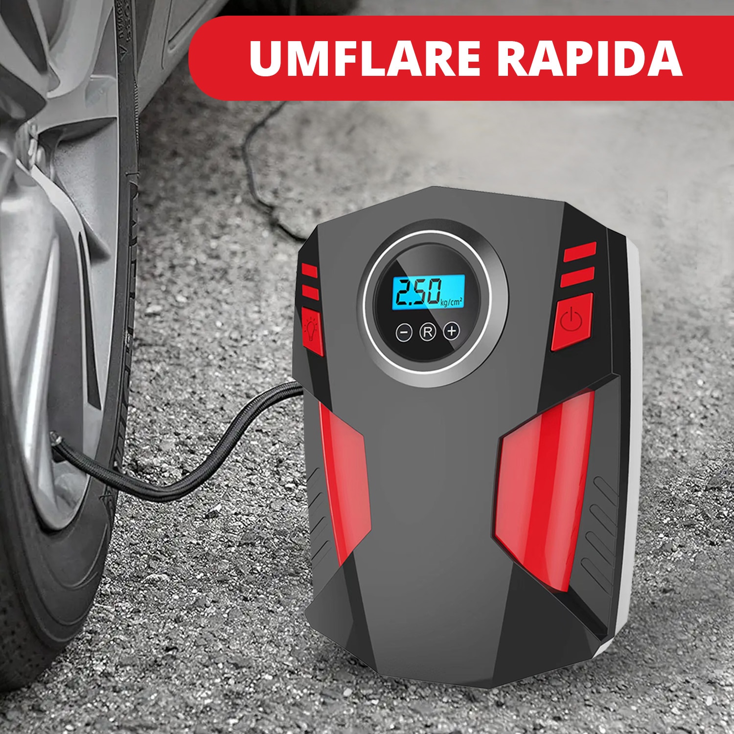 Compresor auto digital 3 in 1, lumina LED, DC 12V, 120W, 35L/min, Cablu ...