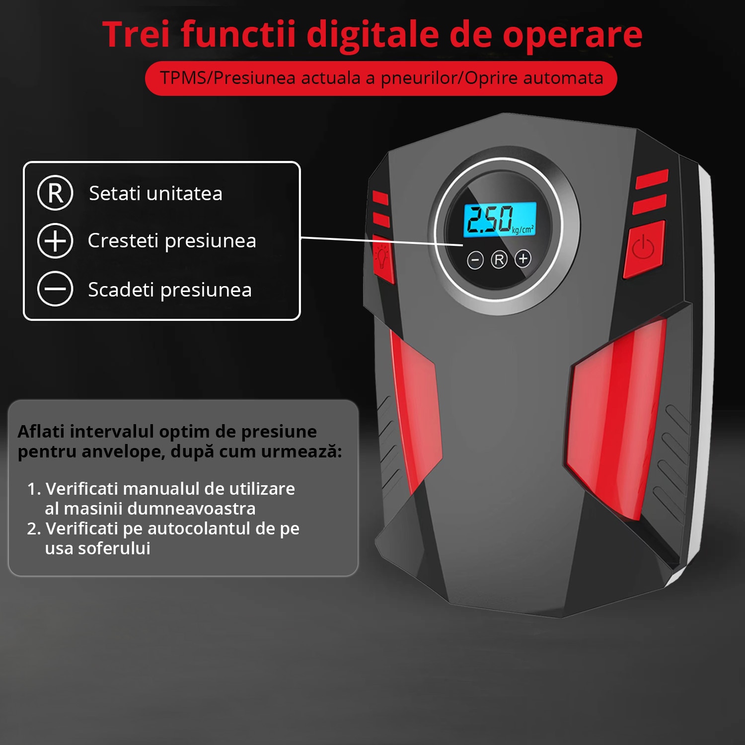 Compresor auto digital 3 in 1, lumina LED, DC 12V, 120W, 35L/min, Cablu ...