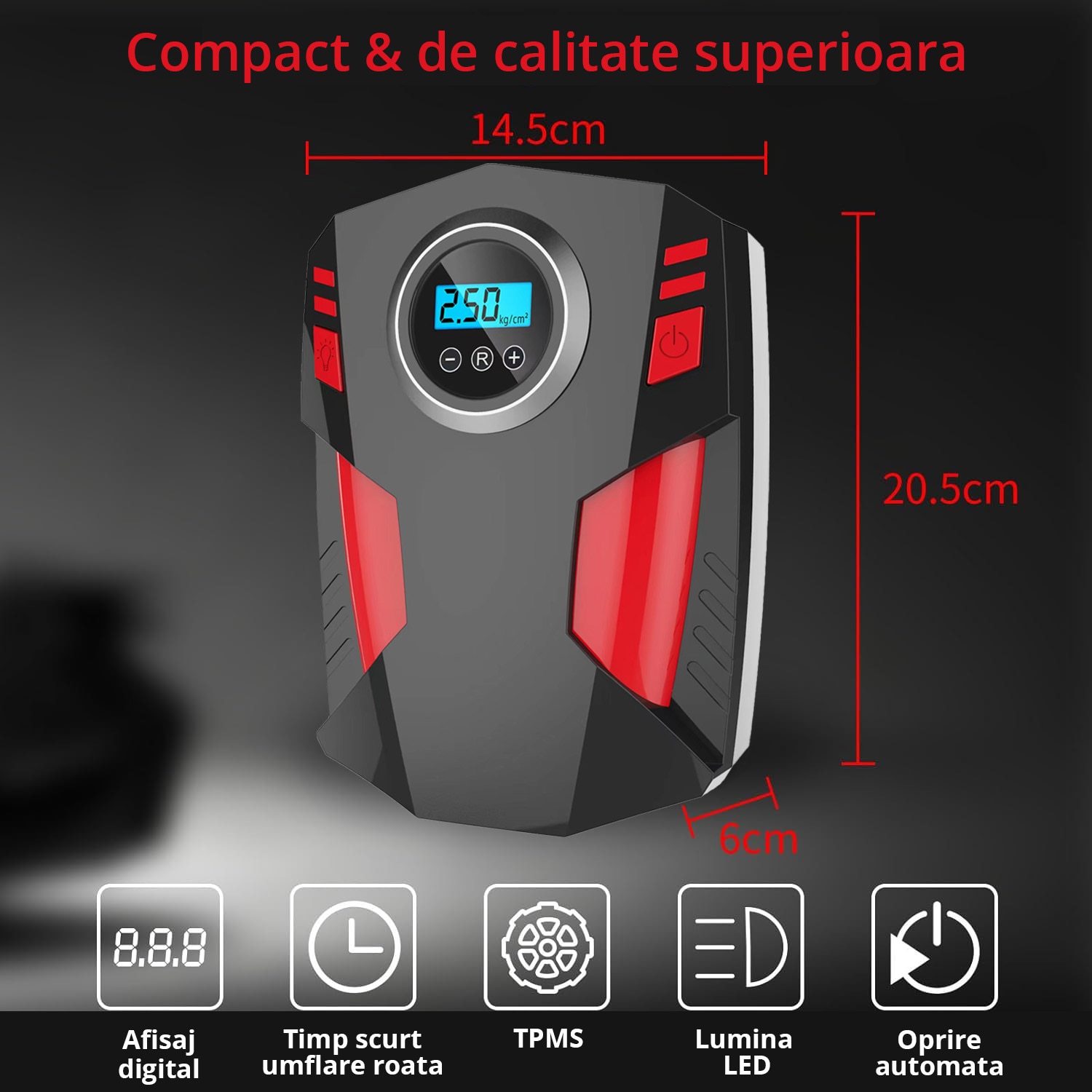Compresor auto digital 3 in 1, lumina LED, DC 12V, 120W, 35L/min, Cablu ...