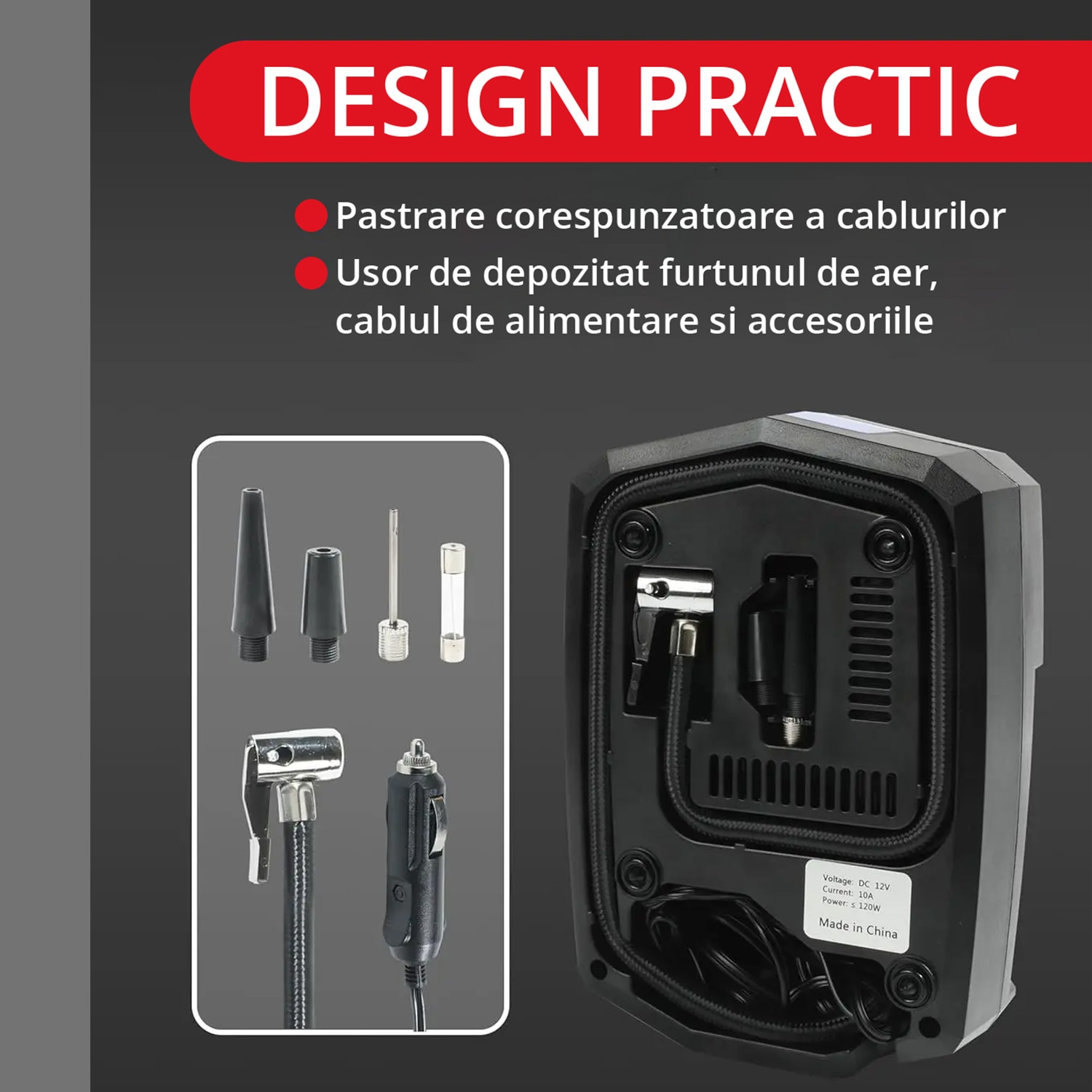 Compresor auto digital 3 in 1, lumina LED, DC 12V, 120W, 35L/min, Cablu ...