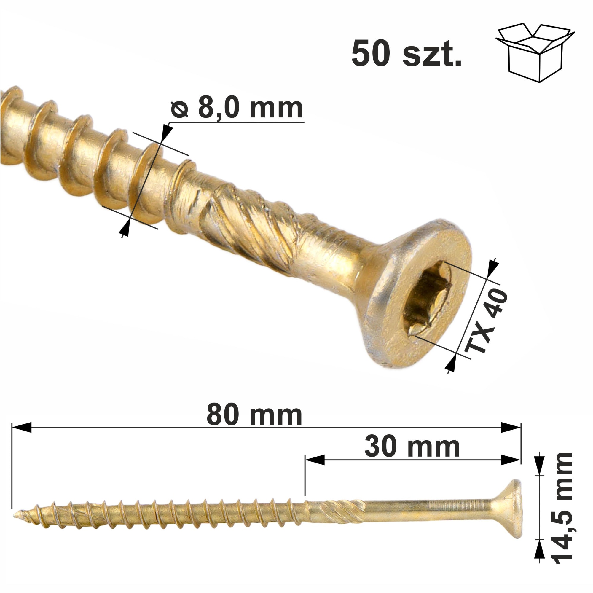 Set 50 Suruburi dulgherie pentru lemn, 8x80mm, cap inecat, TX40, Klimas ...