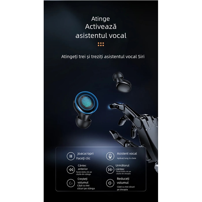 Casti Wireless, Carcasa de incarcare cu afisaj digital, Microfon ...