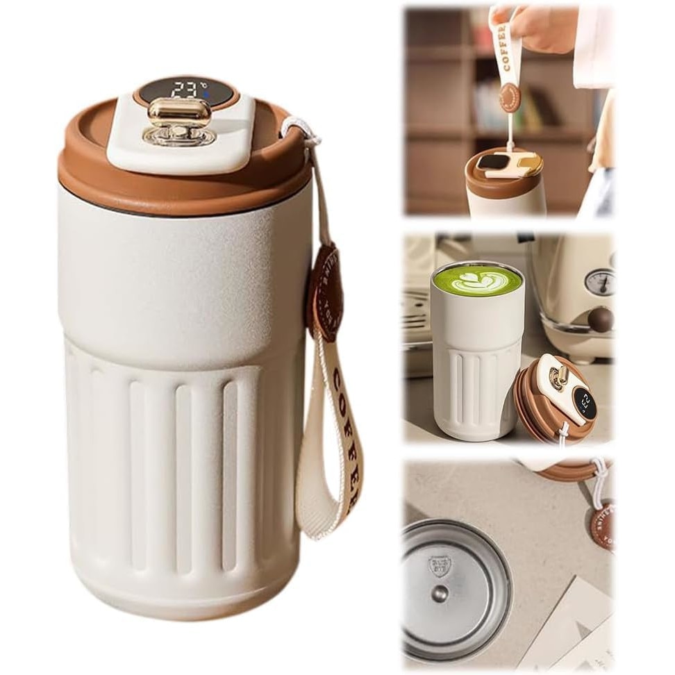Termos pentru cafea cu afisare a temperaturii, Inox, 450 ml, Alb/Maro ...
