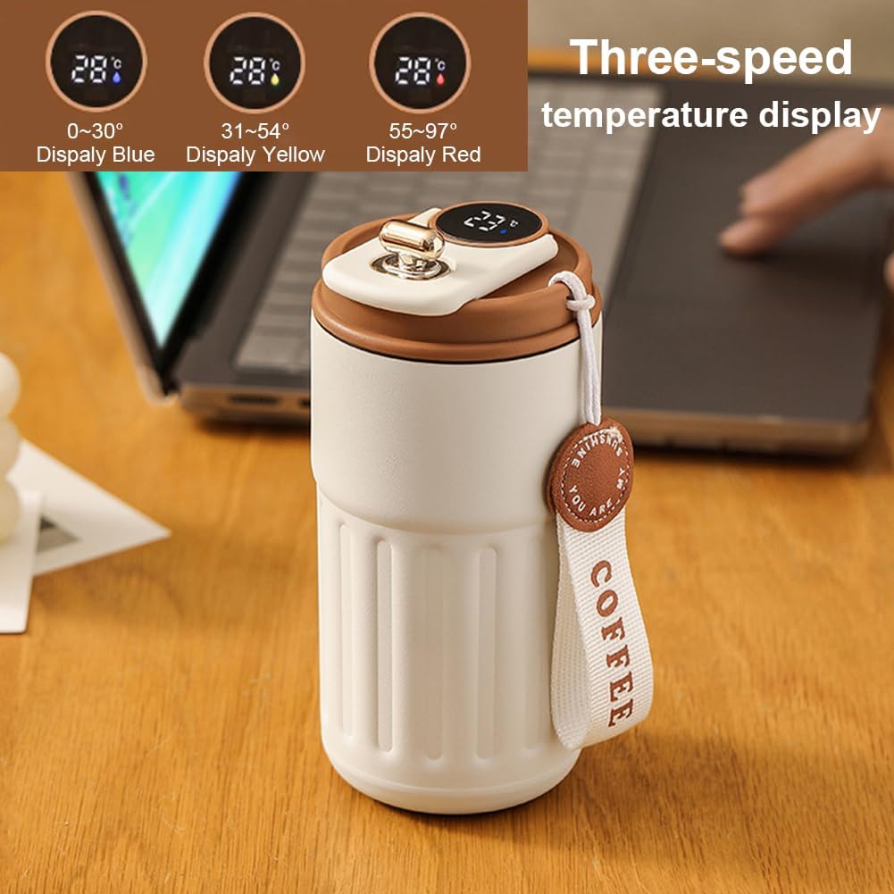 Termos pentru cafea cu afisare a temperaturii, Inox, 450 ml, Alb/Maro ...