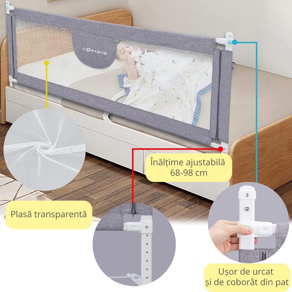 Bariera protectie pat 180 cm Corasys® pentru copii, inaltime reglabila ...