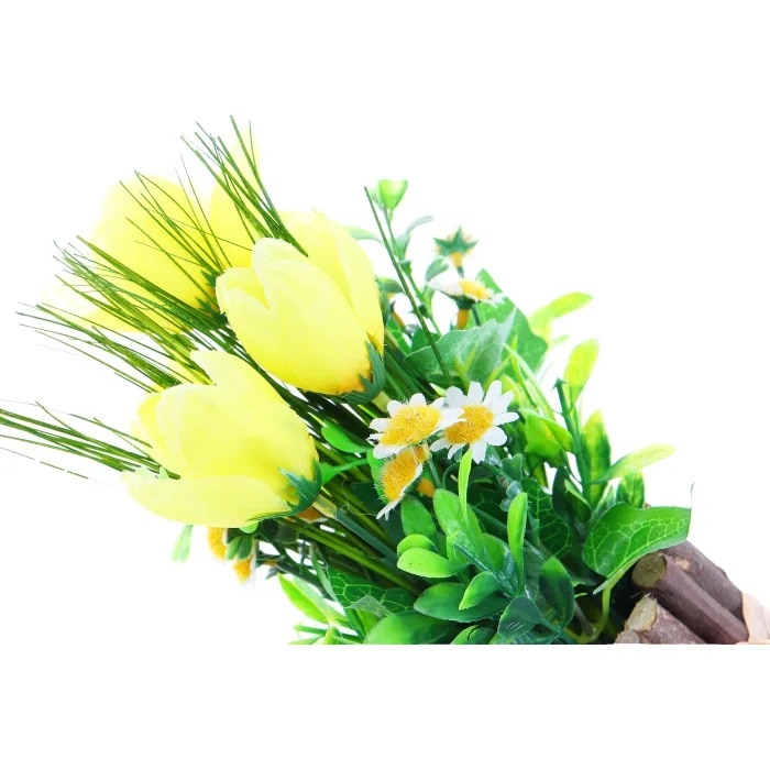 Aranjament flori artificiale, lalele galbene, panza, plastic si lemn ...