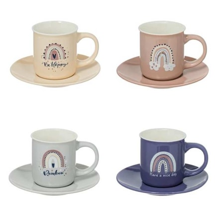 Set patru cesti cu farfurioare colorate curcubeu, nuante pale, 220 ml ...