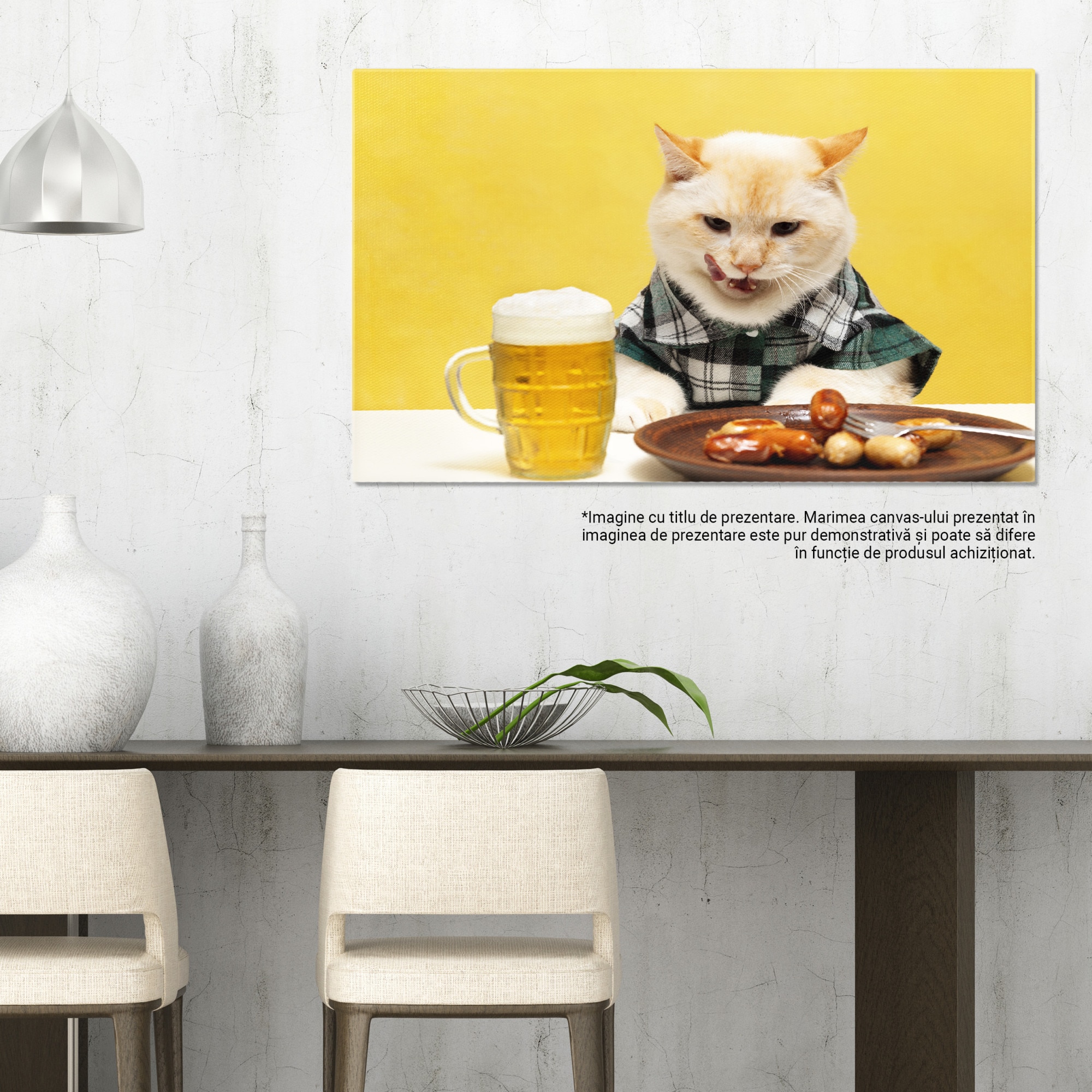 Картина на платно Голяма котка в карирана риза на масата за оближаване ...