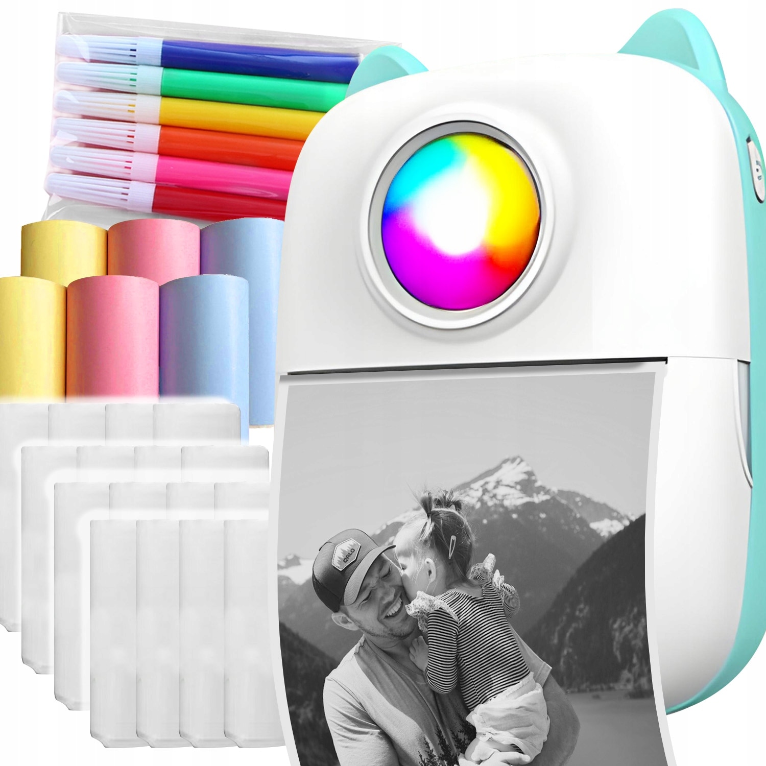 Set Mini imprimanta termica DexXer, 15 Role hartie termica alba, 6 Role ...