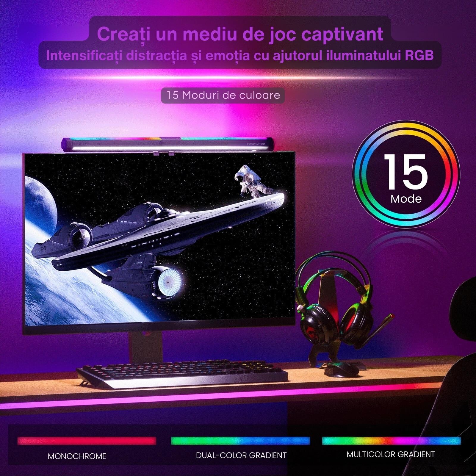 Lampa LED Smart pentru monitor, 15 moduri reglabile de culoare pe Touch ...