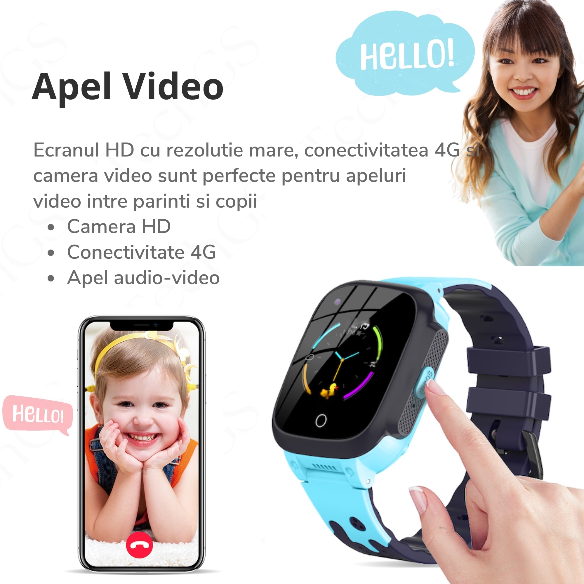 Ceas Smartwatch Copii, TechGS®, 4G, cu GPS/WIFI, KidLife, Monitorizare ...