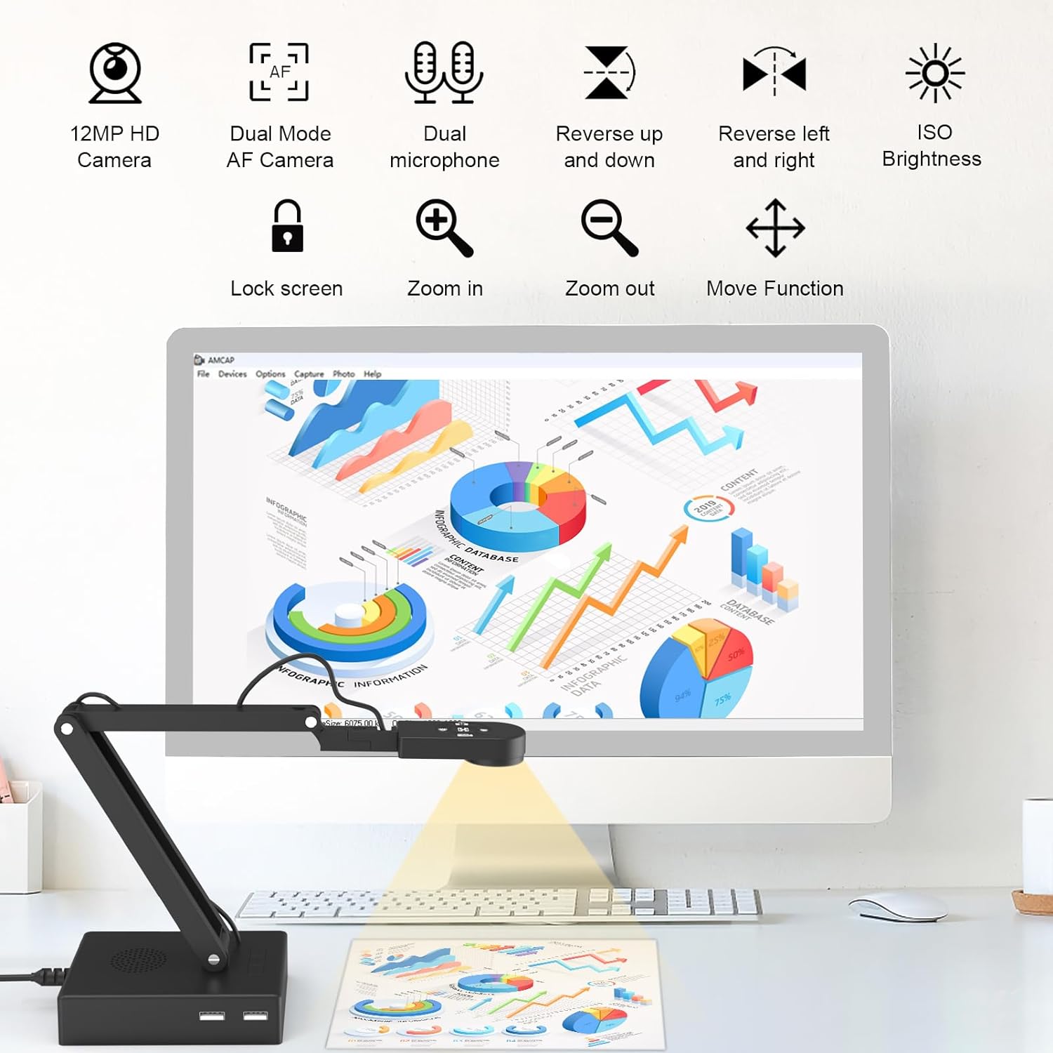 Camera scanner documente A3, 12 MP, 30 FPS, rezolutie 4K 3840 x 3120 ...