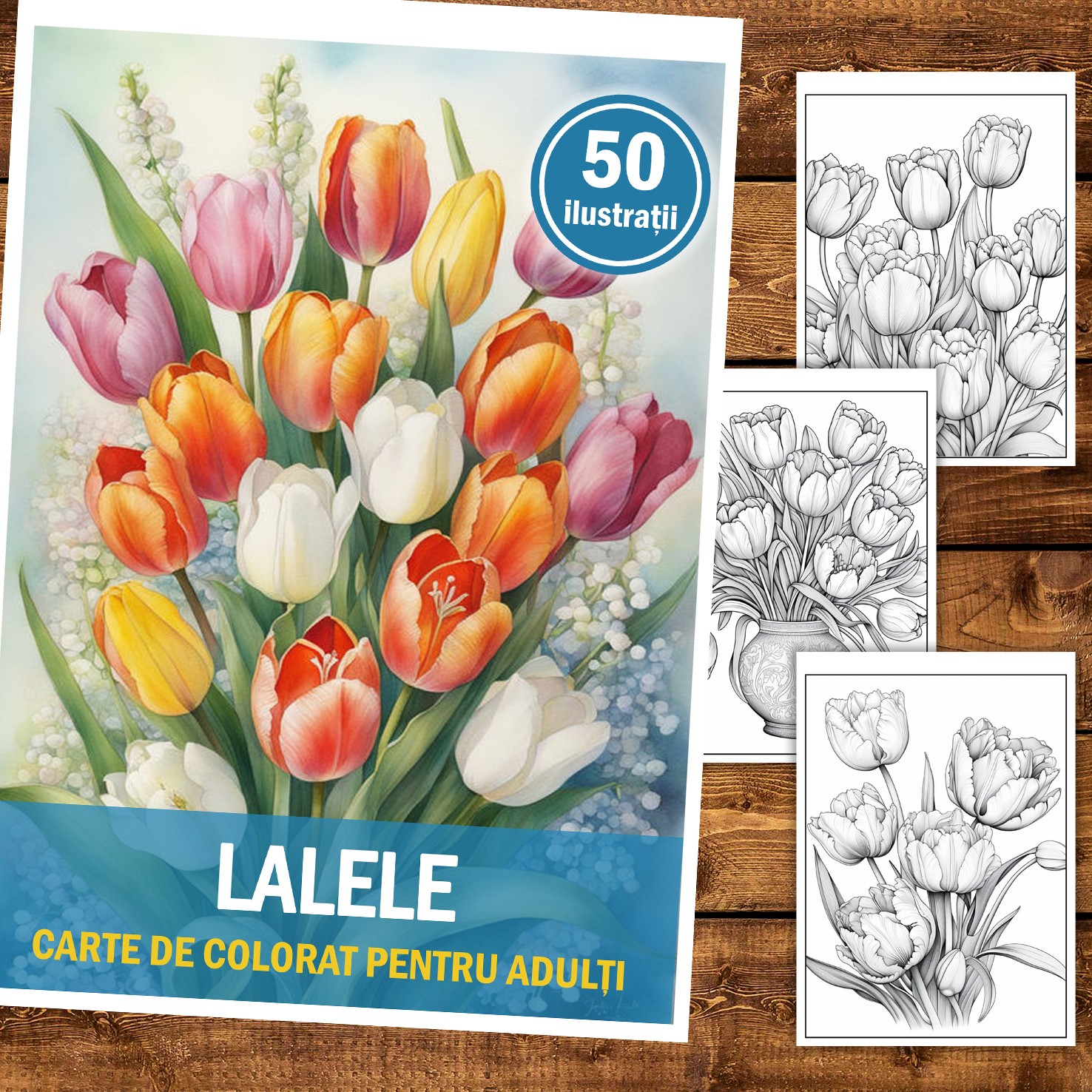 Carte de colorat pentru relaxare si antistres, 50 de ilustratii, Lalele ...