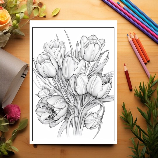 Carte de colorat pentru relaxare si antistres, 50 de ilustratii, Lalele ...