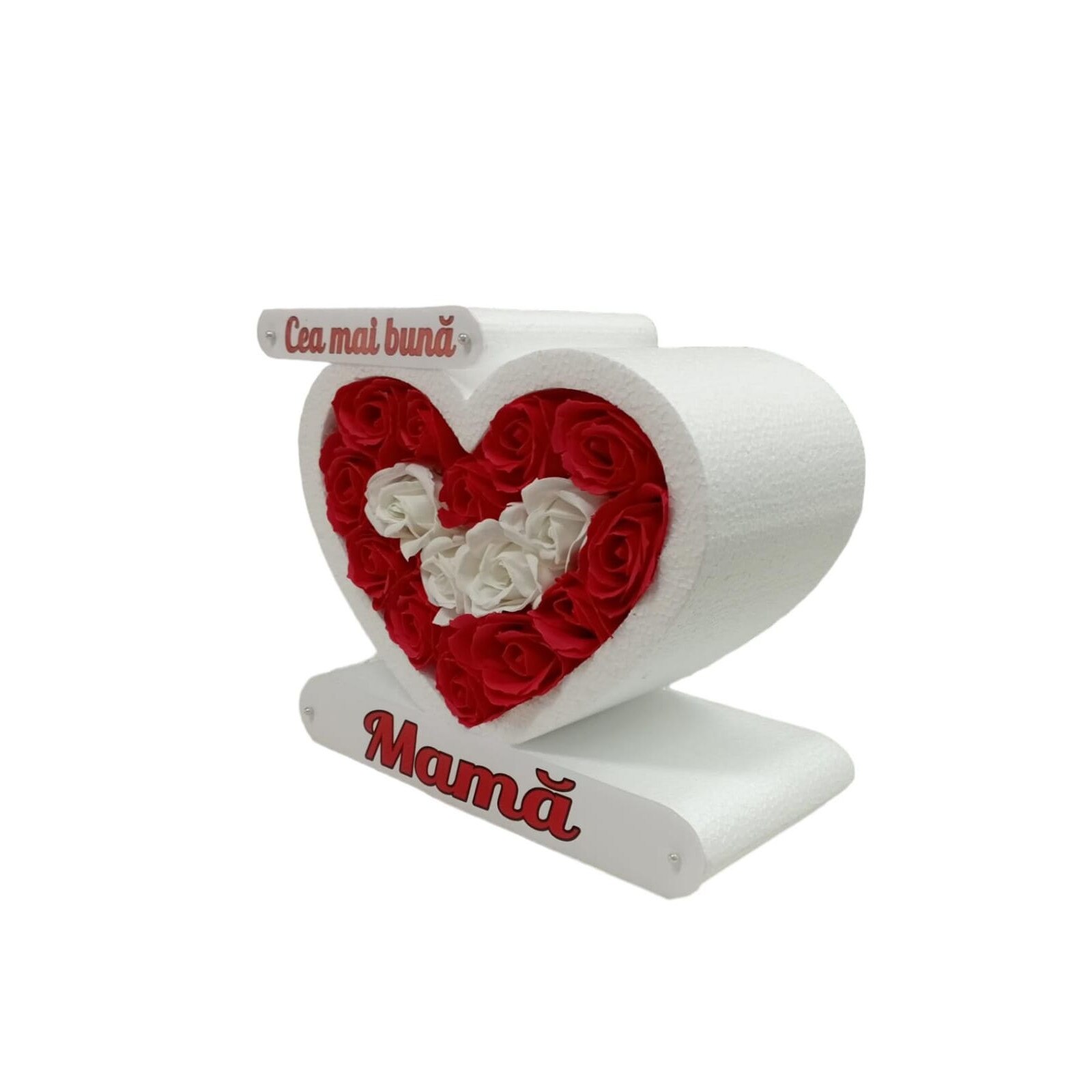 Aranjament trandafiri de sapun, cea mai buna mama, rosu cu alb, inima ...