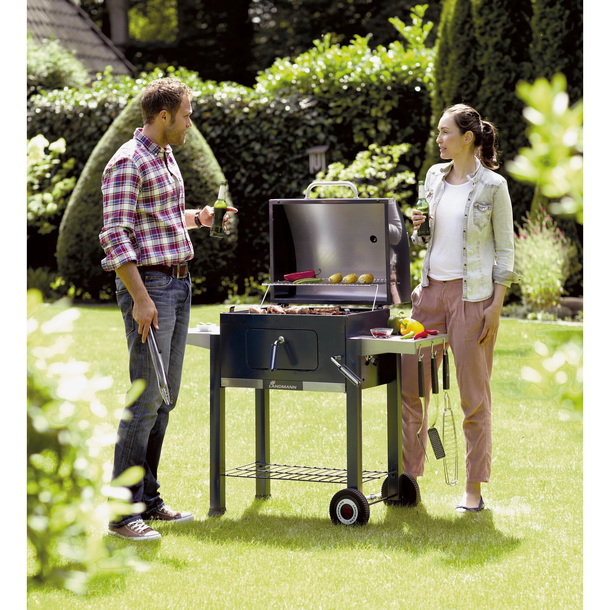 Gratar de gradina, cu carbuni, Landmann, otel, cu roti de deplasare, cu ...