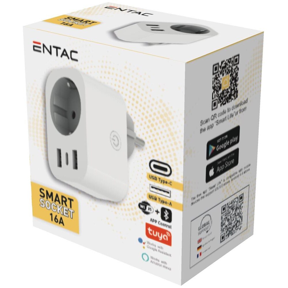 Priza inteligenta wireless Entac, 1 priza Type-C, 2 prize USB, 2.4A ...