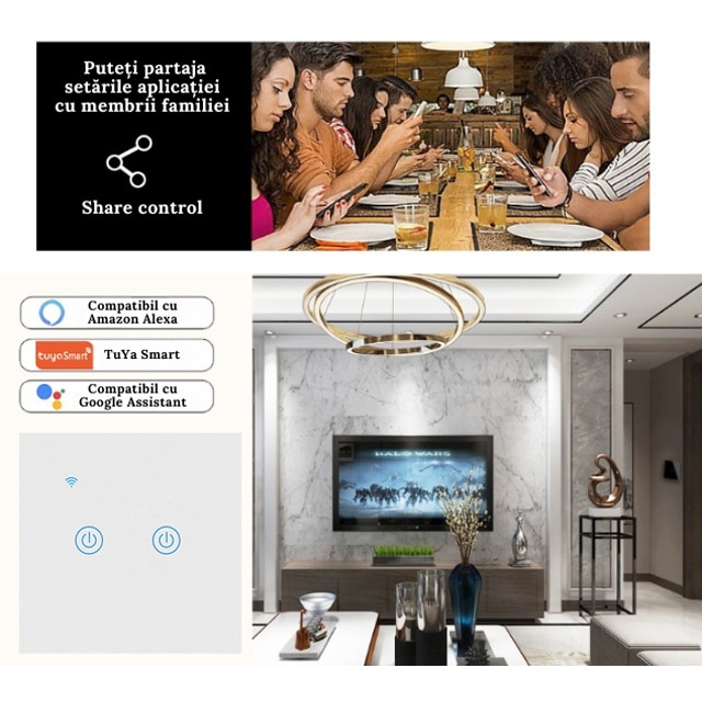 Intrerupator inteligent dublu cu touch Brius™, Wi-Fi, cu nul, sticla ...