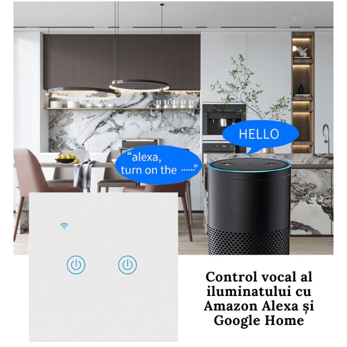 Intrerupator inteligent dublu cu touch Brius™, Wi-Fi, cu nul, sticla ...