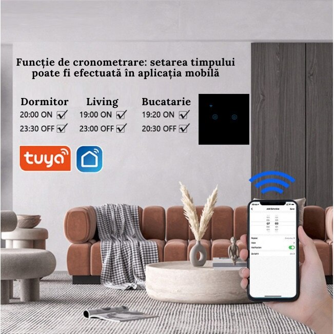 Intrerupator inteligent dublu cu touch Brius™, Wi-Fi, cu nul, sticla ...