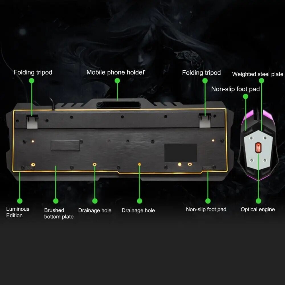 Kit Gaming Tastatura + Mouse, cu fir, Iluminare RGB, Suport telefon ...
