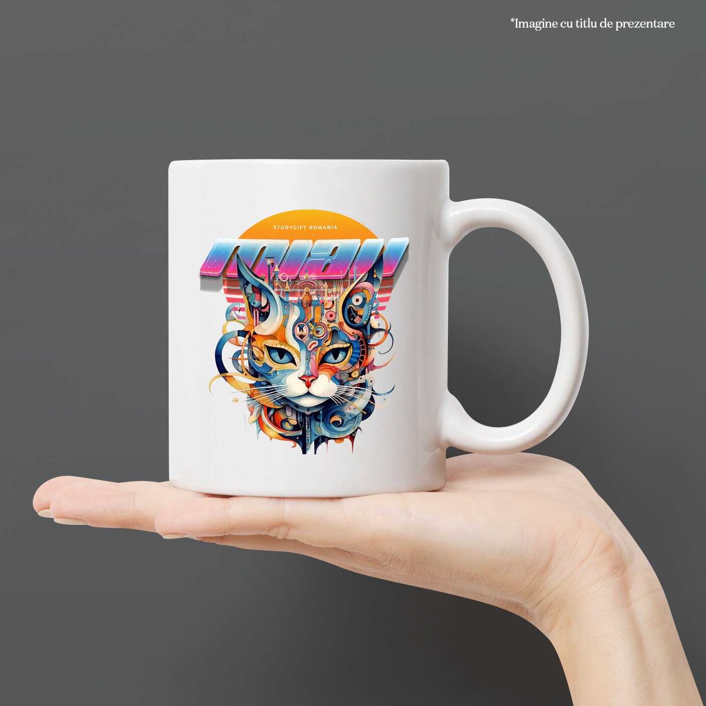 Cana Cu Mesaj Miau, Cap De Pisica, Cladiri, RetroWave, Multicolor 330 ...