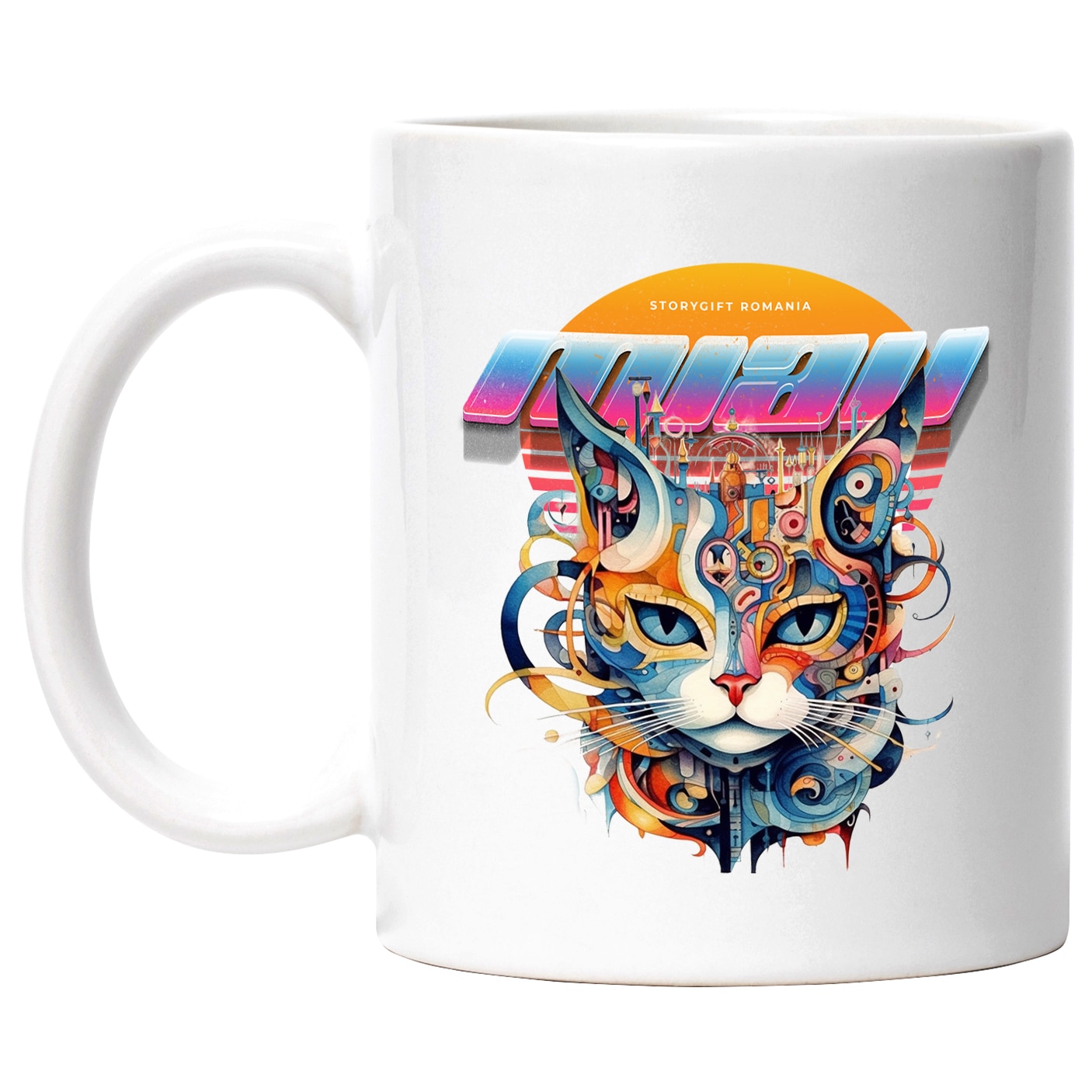 Cana Cu Mesaj Miau, Cap De Pisica, Cladiri, RetroWave, Multicolor 330 ...