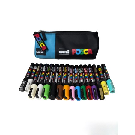 Penar cilindric echipat POSCA, 1 fermoar, negru/turquise, 16pcs, 6+6+4 ...