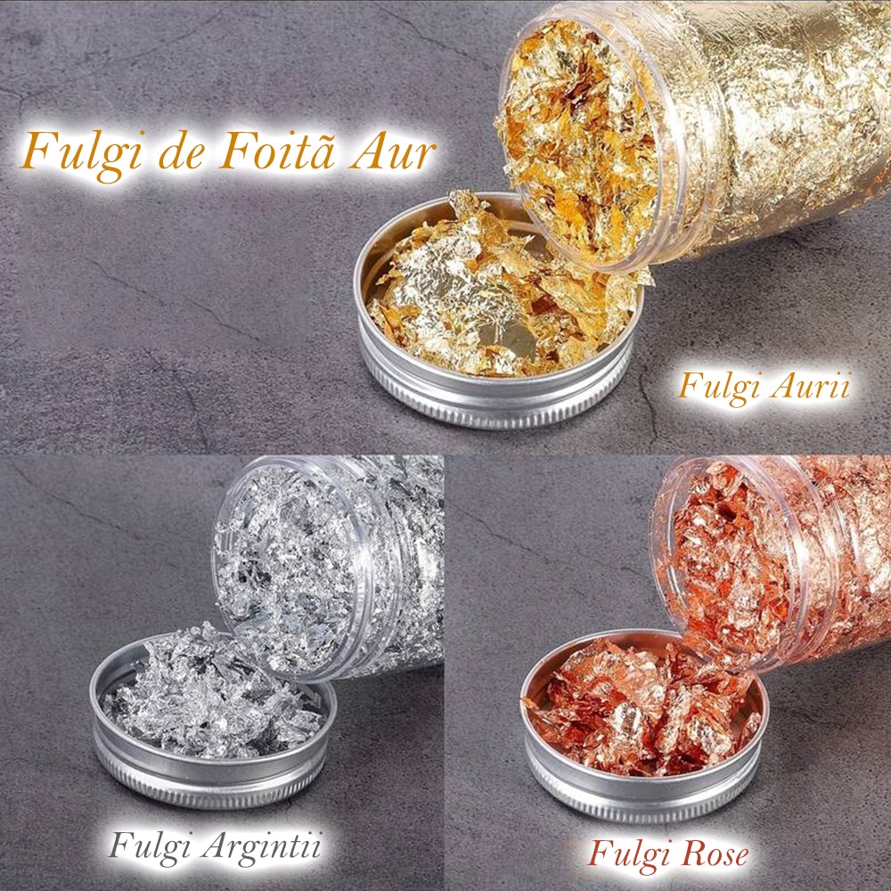 Set fulgi din foita de aur pentru unghii, Imitatie AuroraMetal Metalic ...