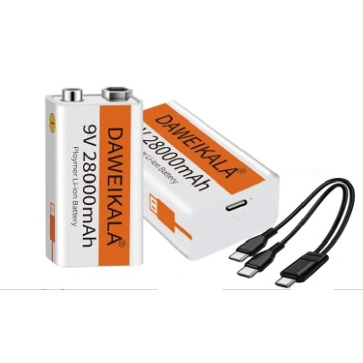 Set 2 acumulatori 9V, Tip C, 28000 mAh, li-ion, incarcare USB, cablu ...