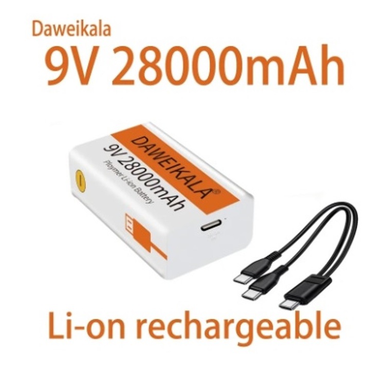 Set 2 acumulatori 9V, Tip C, 28000 mAh, li-ion, incarcare USB, cablu ...