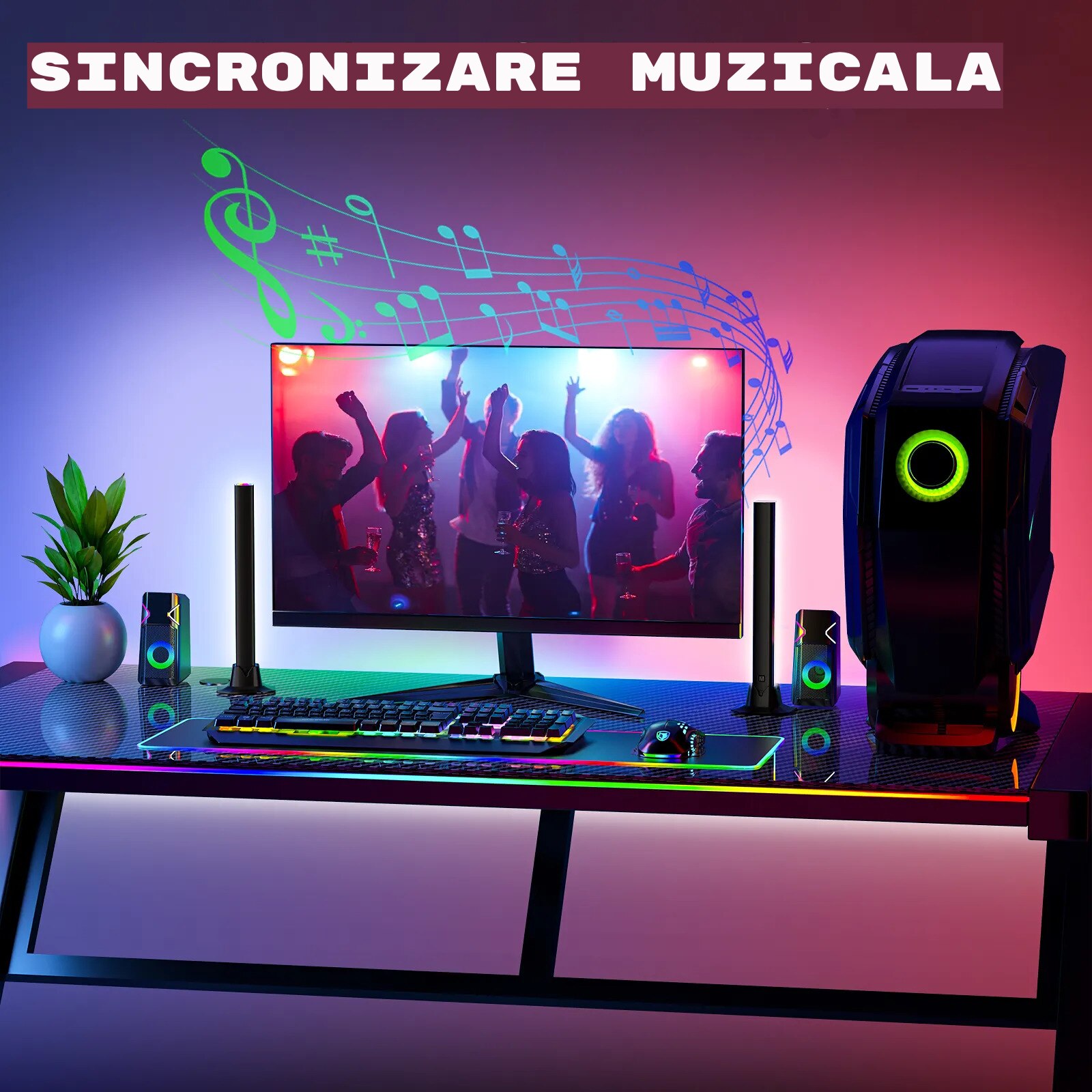 Set 2 Lampi Led RGB Youndra®, Lumini Inteligente, TV Ambient, Wi-Fi si ...
