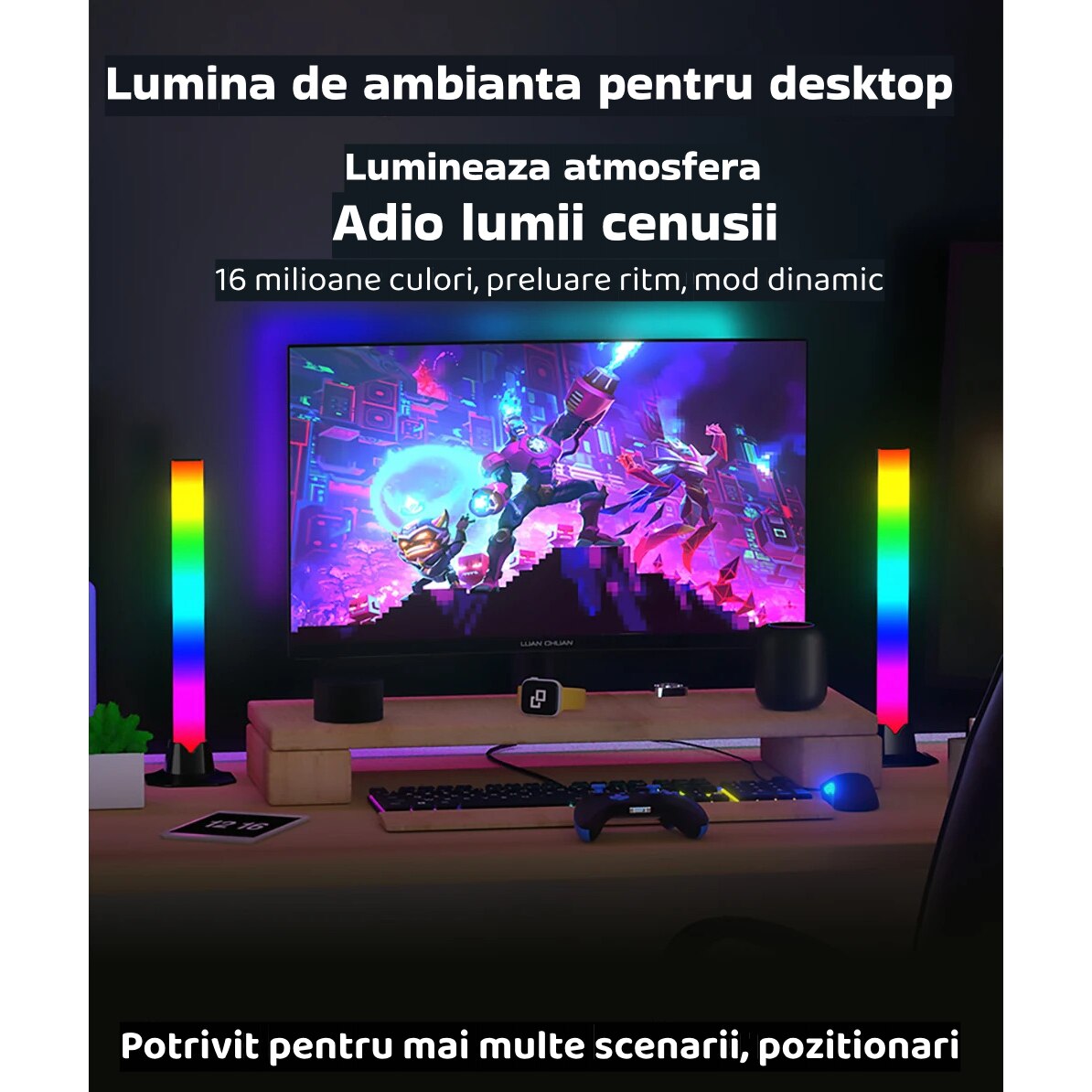 Set 2 Lampi Led RGB Youndra®, Lumini Inteligente, TV Ambient, Wi-Fi si ...