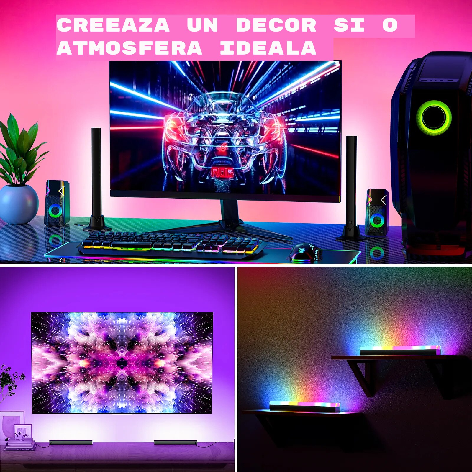 Set 2 Lampi Led RGB Youndra®, Lumini Inteligente, TV Ambient, Wi-Fi si ...