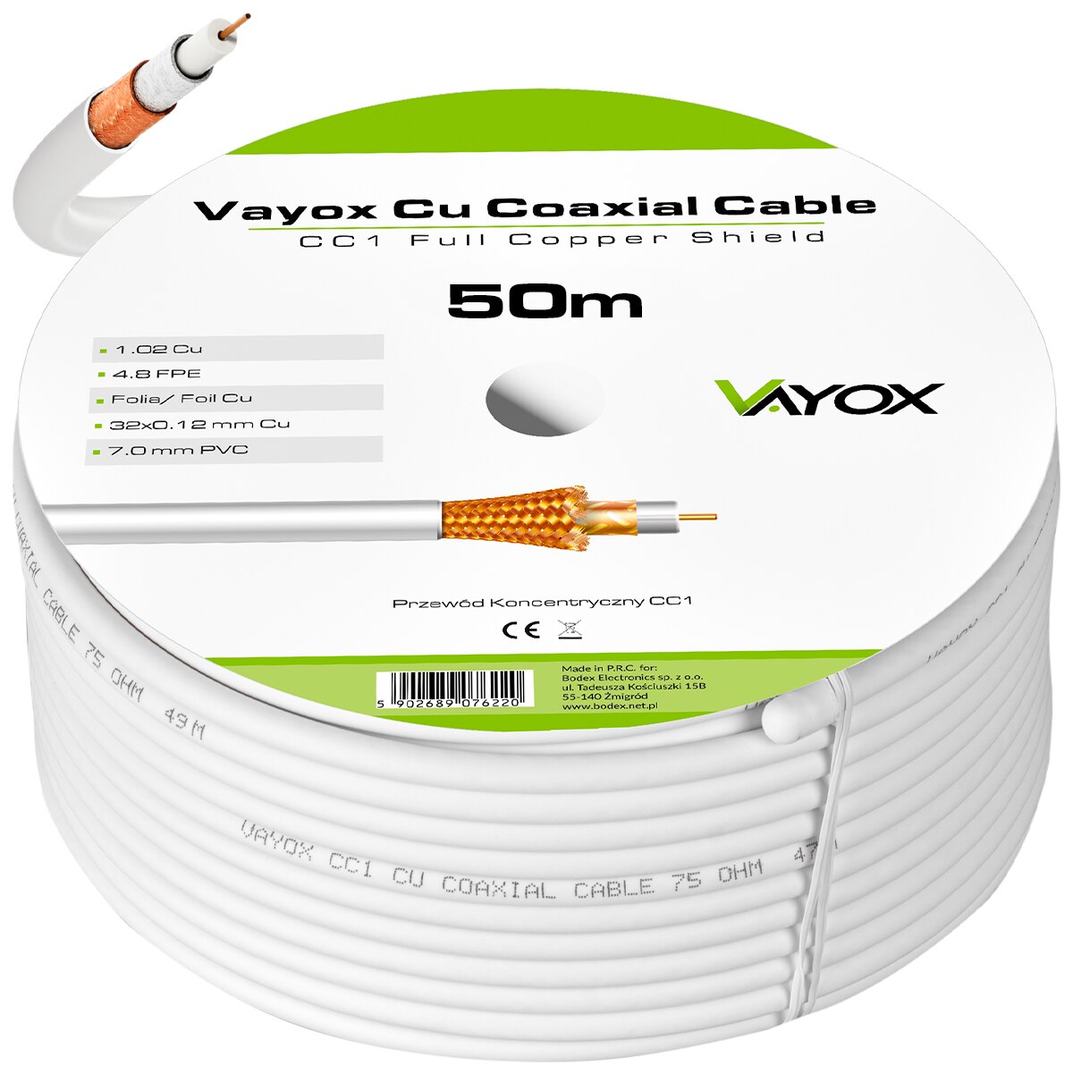 Cablu TV coaxial, Vayox® CC1, Cupru, extern/intern, 75 Ohmi, lungime 50 ...