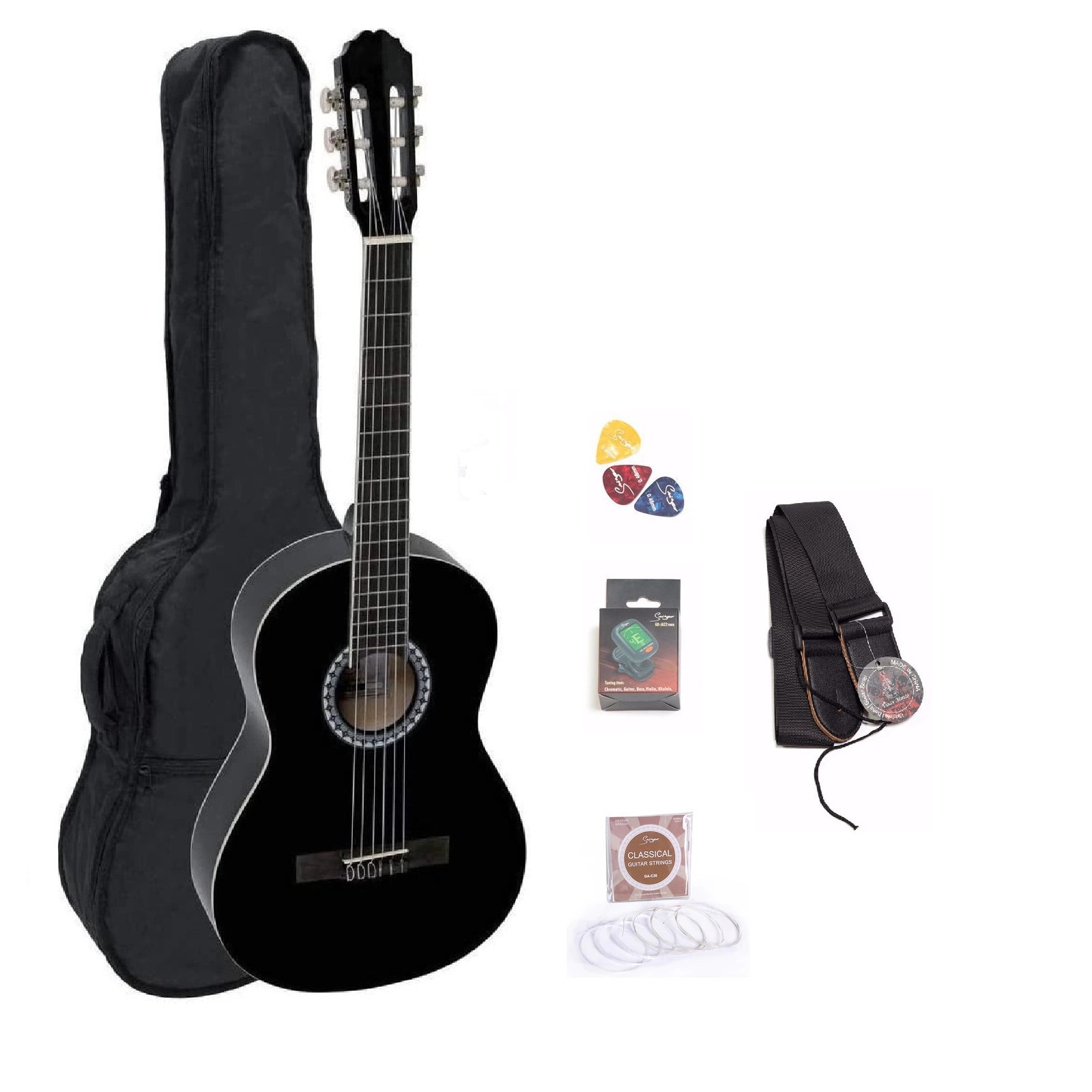 Chitara clasica 4/4 Grape neagra cu husa, acordor, curea, pene si corzi - eMAG.ro