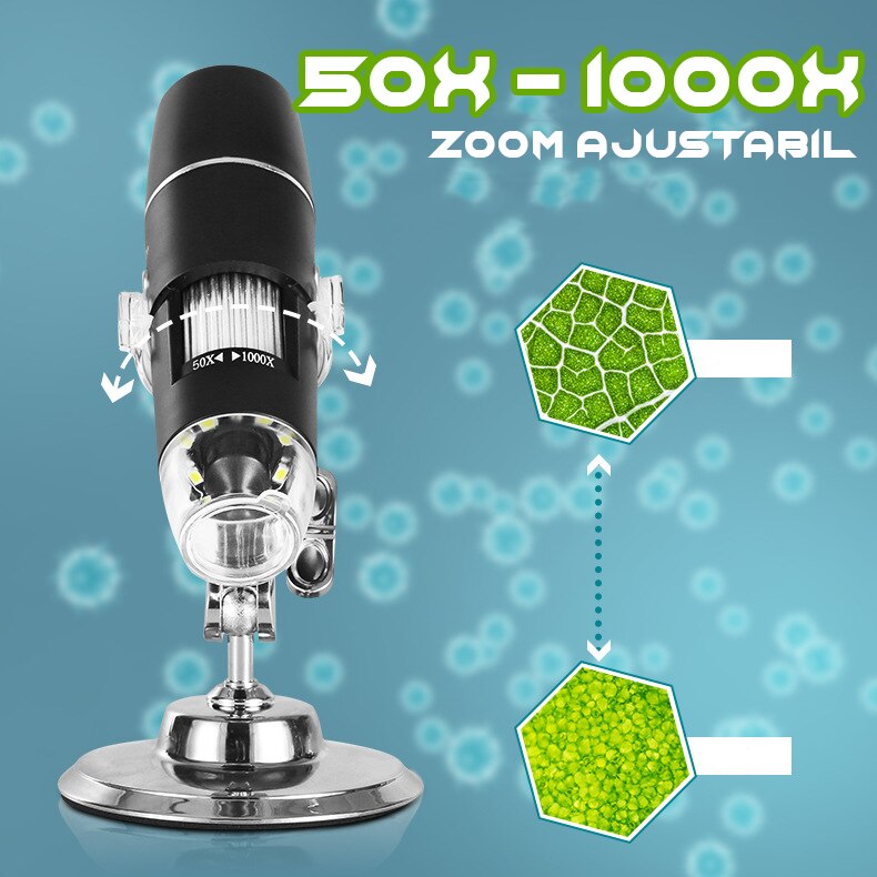 Microscop SMART WiFi, compatibil cu toate dispozitivele inteligente, 50-1000x zoom, picior ...