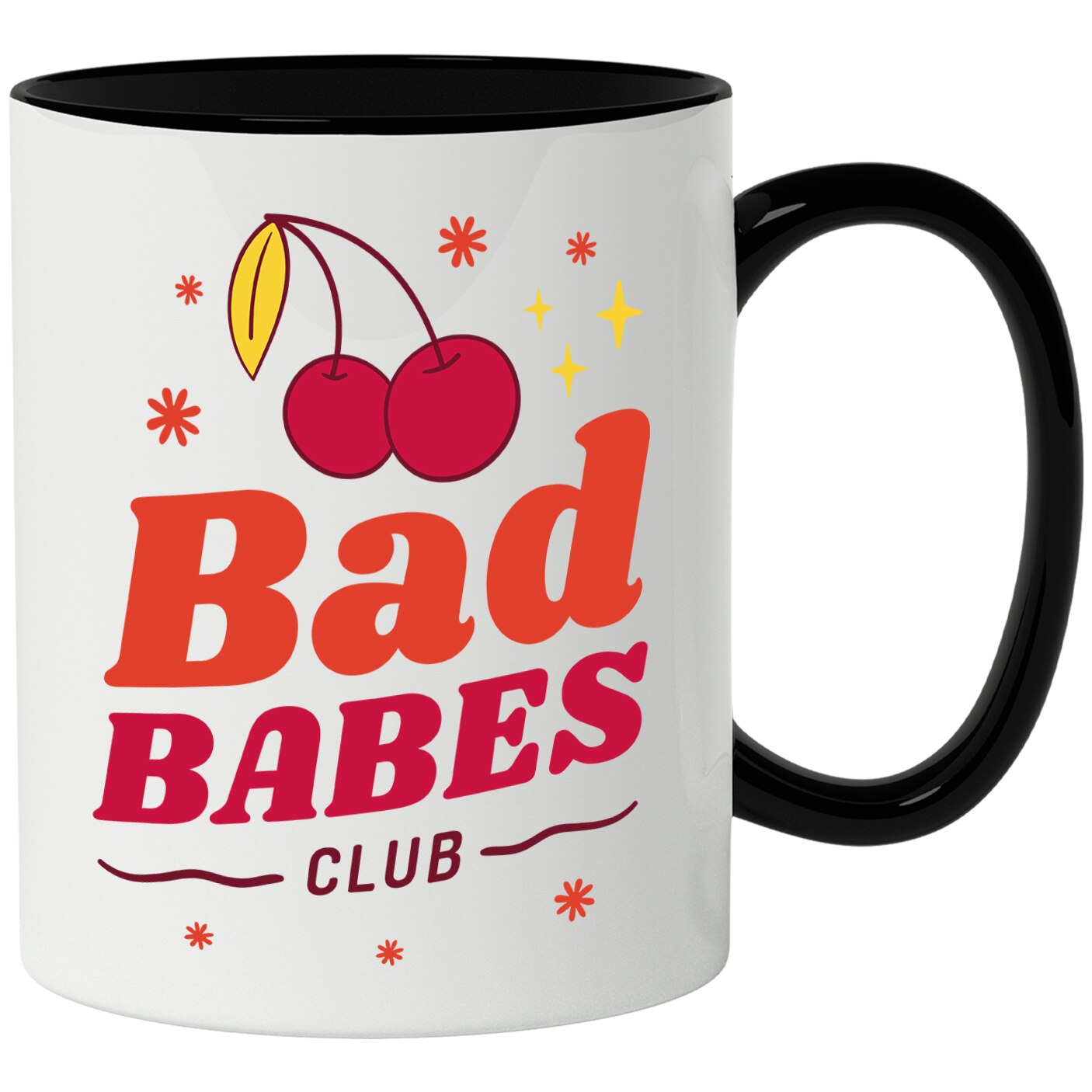 Чаша с английско съобщение Bad Babes Club, череши, звезди, многоцветна ...