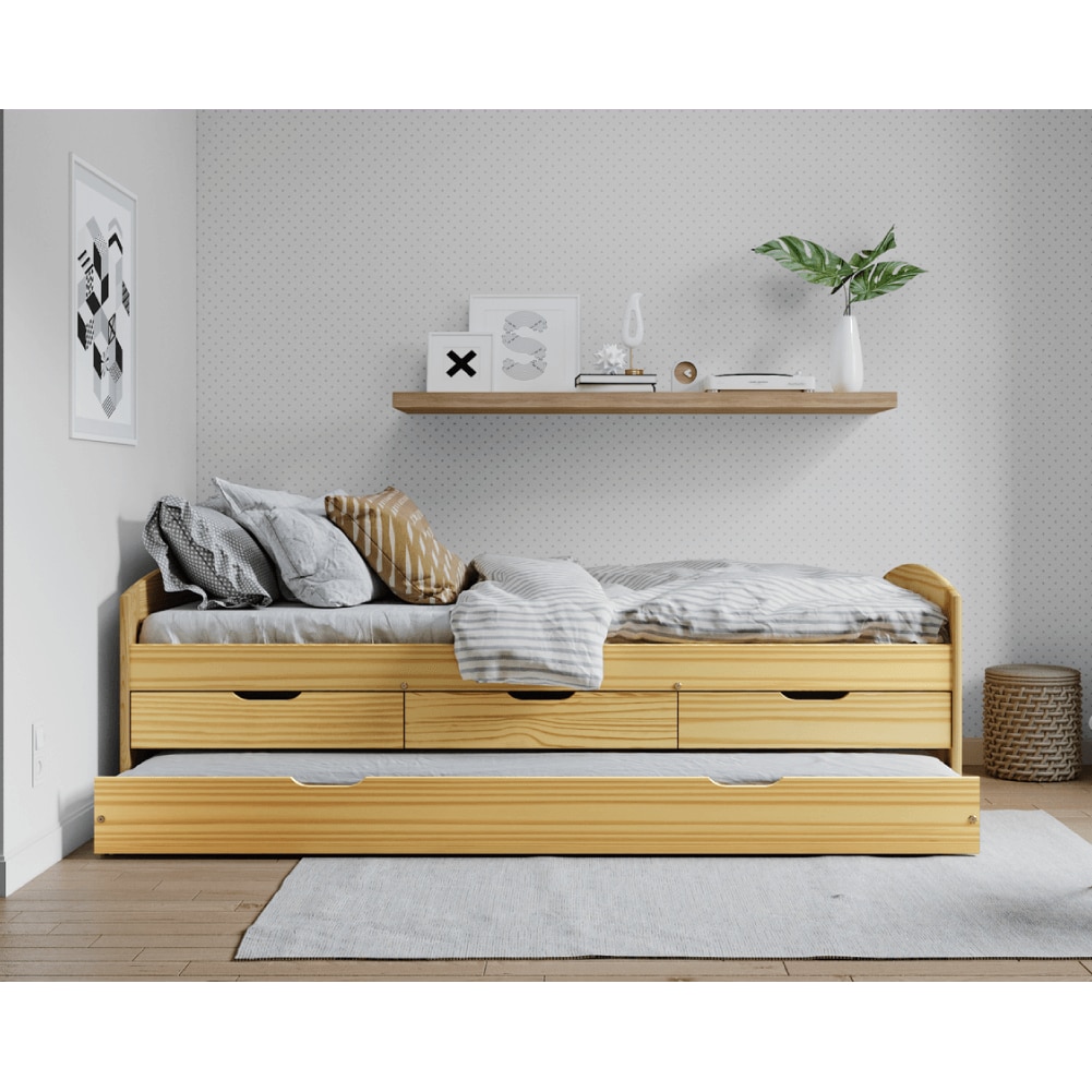 Pat extensibil, culoare natural pin, din lemn masiv, 205x98x63 cm ...