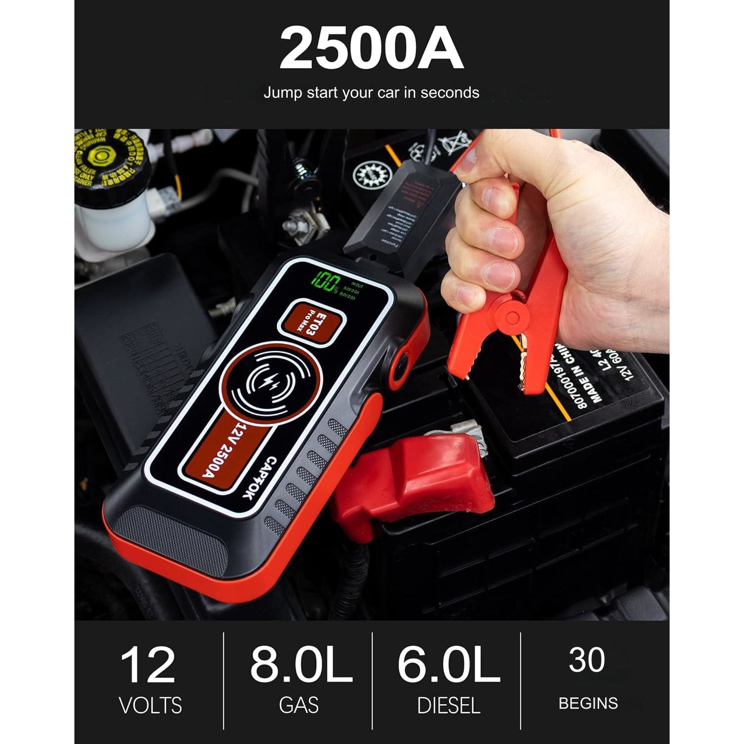 Мултифункционален автомобилен стартер 2500 A, Jump Starter, с 21800 mAh ...