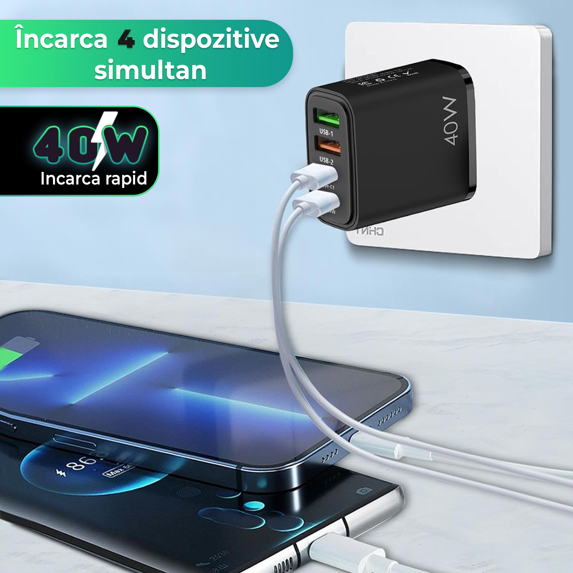 Incarcator Retea Timebox, 4 Porturi, 40W Fast Charge, 2 x Type-C, 2 x ...