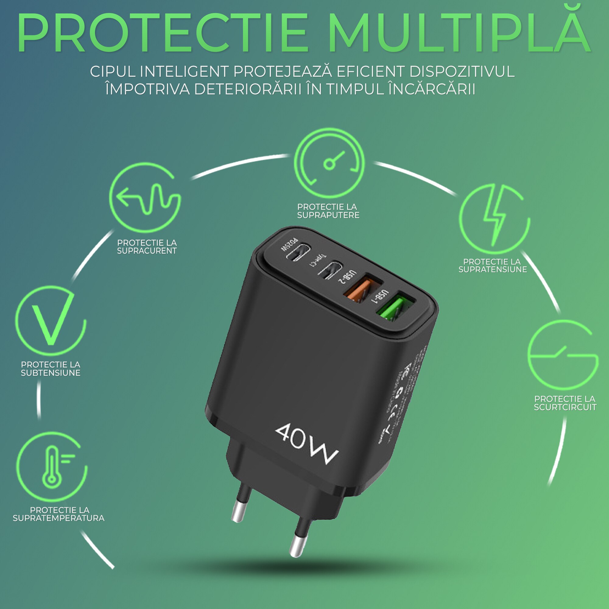 Incarcator Retea Timebox, 4 Porturi, 40W Fast Charge, 2 x Type-C, 2 x ...