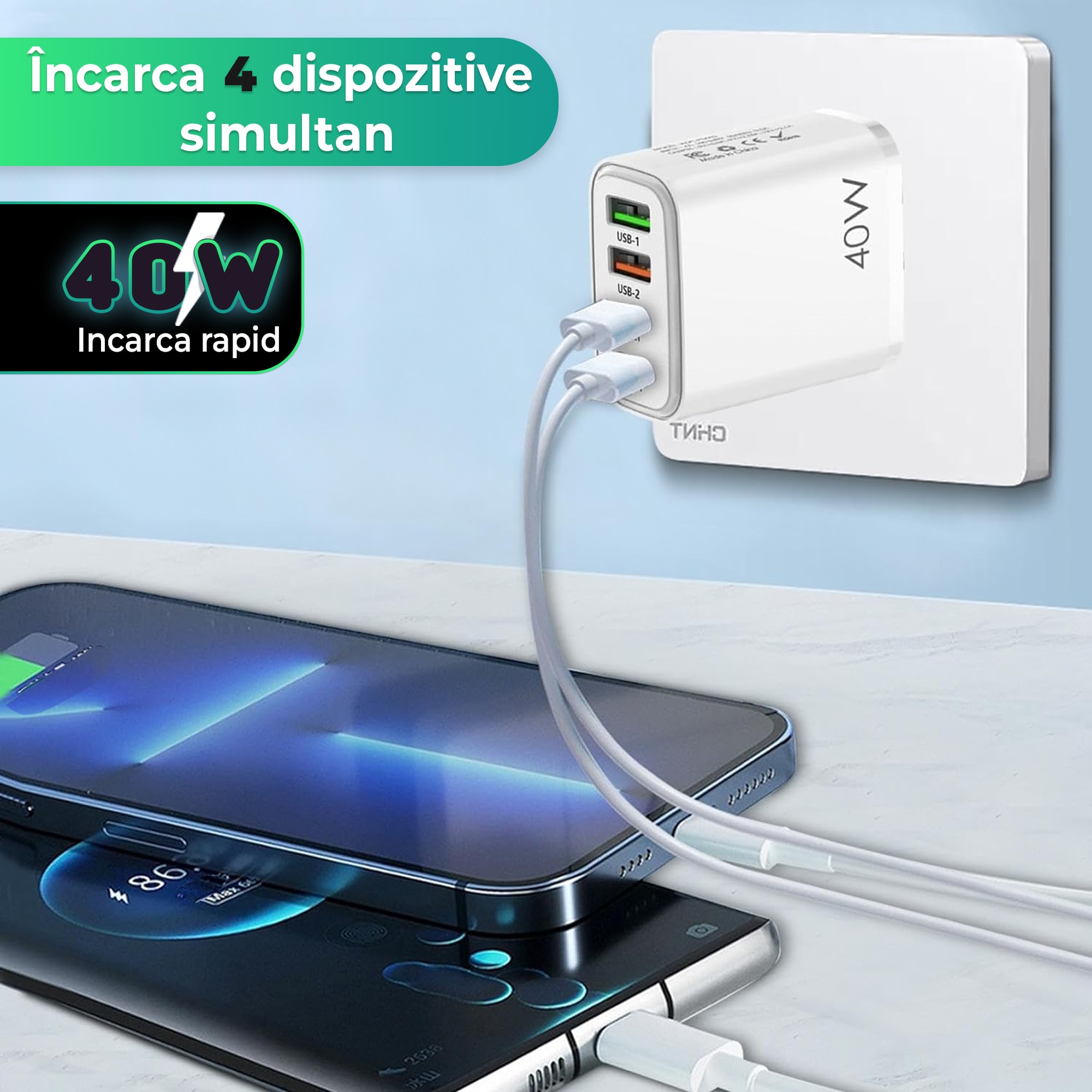 Incarcator Retea Timebox, 4 Porturi, 40W Fast Charge, 2 x Type-C, 2 x ...