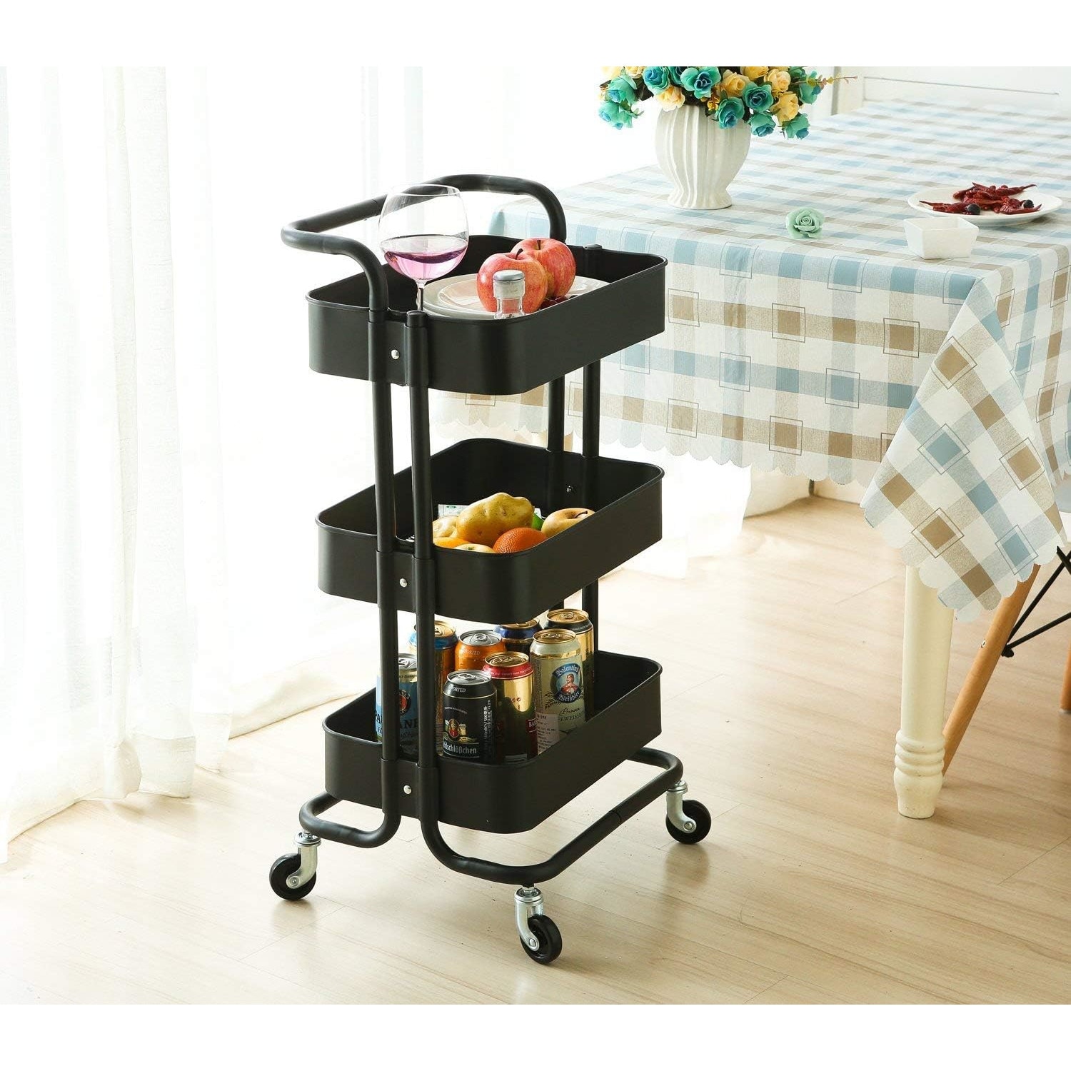 Etajera metalica multifunctionala cu 3 nivele, awwaline, neagra, pe ...