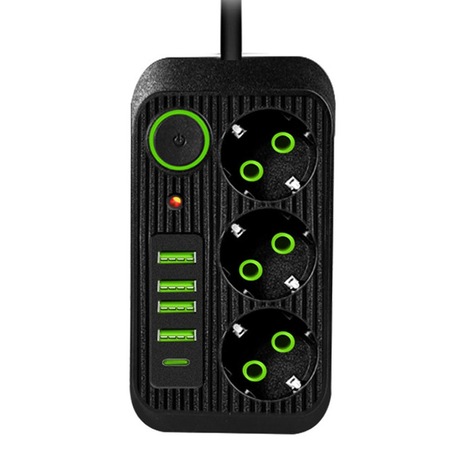 Priza multipla, 2 m, 3xUSB, Type-C, Negru/verde - eMAG.ro