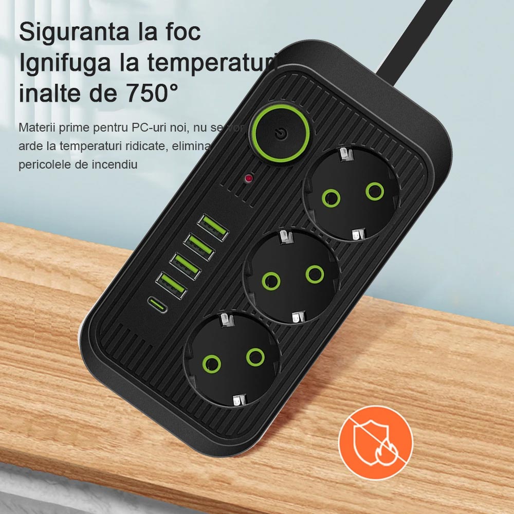 Priza multipla, 2 m, 3xUSB, Type-C, Negru/verde - eMAG.ro