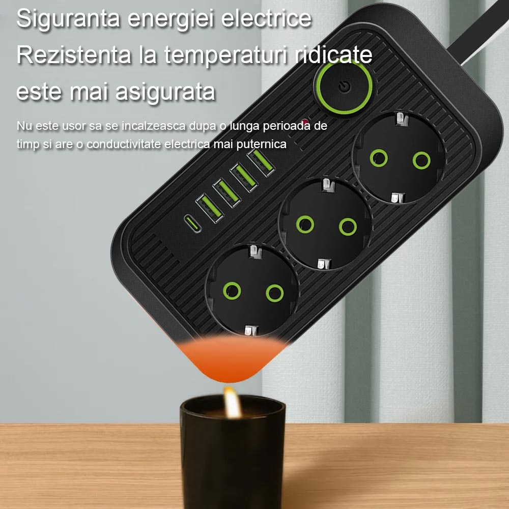 Priza multipla, 2 m, 3xUSB, Type-C, Negru/verde - eMAG.ro