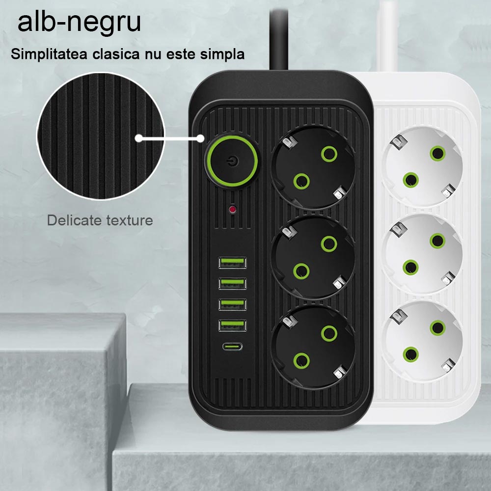 Priza multipla, 2 m, 3xUSB, Type-C, Negru/verde - eMAG.ro