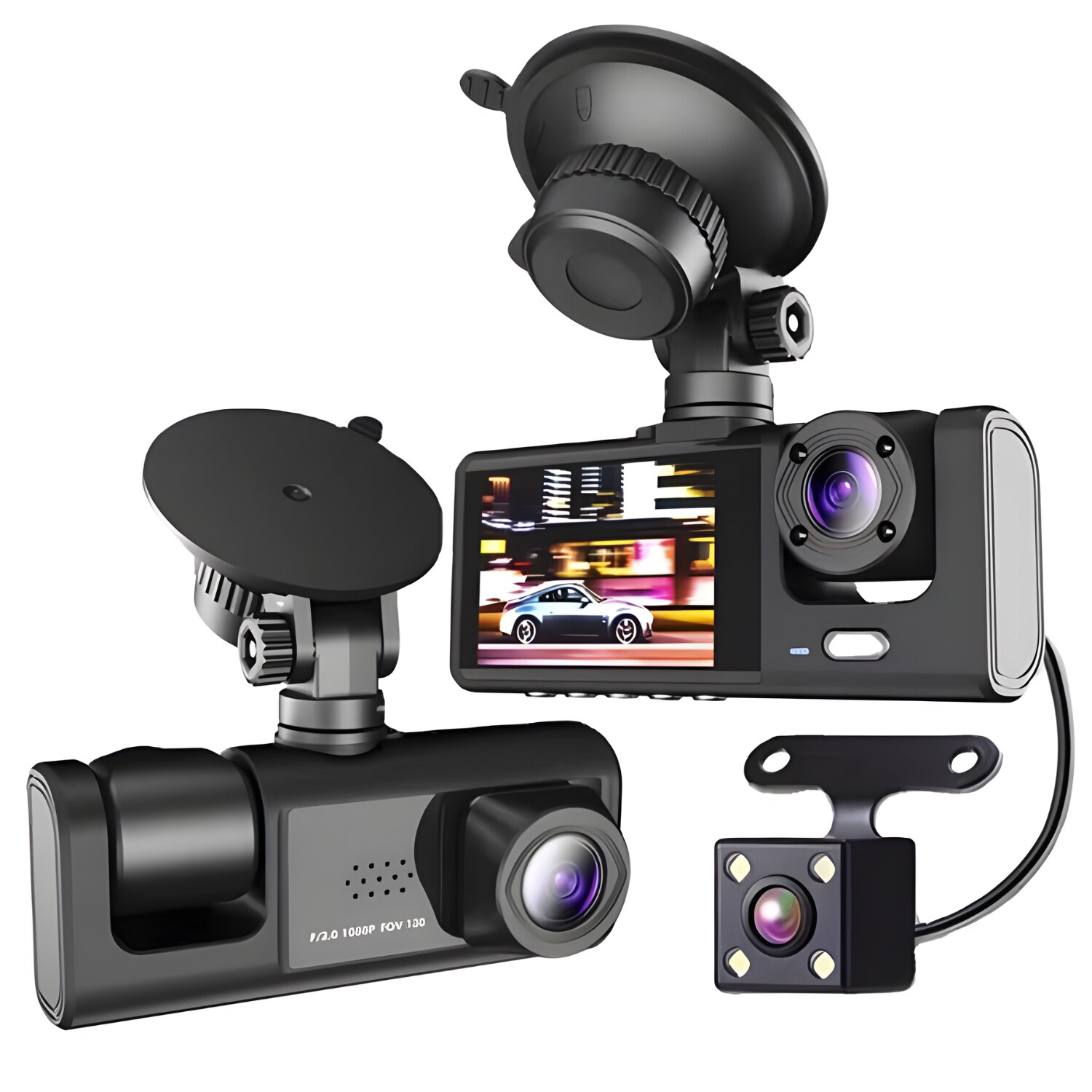 Тройна DVR камера за кола, IMODIX, Full HD 1080P, 2-инчов екран, Черен ...