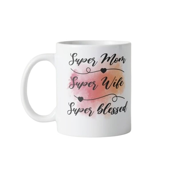 Cana cu mesaj Super Mom, Super Wife, Super Blessed, ceramica, alb, 330 ...